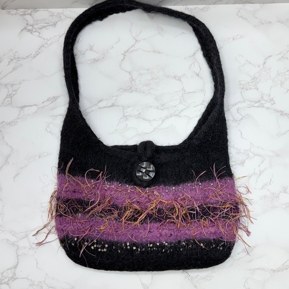 Bags | Felted Wool Shoulder Bag Handmade Black Purple Striped Fringe ...